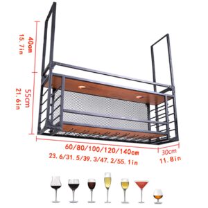 KEPMOGOH Ceiling Wine Glass Rack, Hanging Wine Rack with Glass Holder and Shelf, Metal Ceiling Shelf with Guardrails, Goblet Stemware Racks, Black Metal Ceiling Shelf for Bar Cafe Kitchen (100cm)