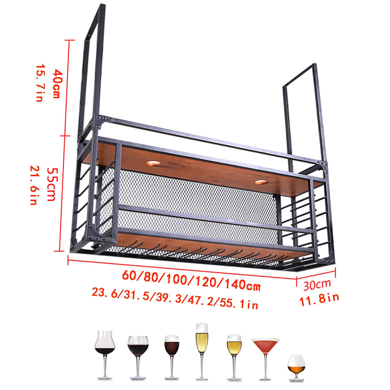 KEPMOGOH Ceiling Wine Glass Rack, Hanging Wine Rack with Glass Holder and Shelf, Metal Ceiling Shelf with Guardrails, Goblet Stemware Racks, Black Metal Ceiling Shelf for Bar Cafe Kitchen (100cm)