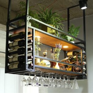 KEPMOGOH Ceiling Wine Glass Rack, Hanging Wine Rack with Glass Holder and Shelf, Metal Ceiling Shelf with Guardrails, Goblet Stemware Racks, Black Metal Ceiling Shelf for Bar Cafe Kitchen (100cm)