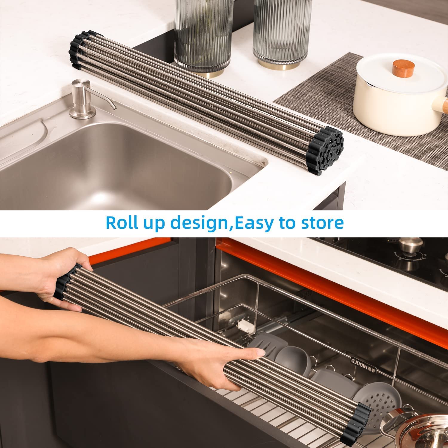 Dish Drainer,11.4x15in Roll Up Dish Drying Rack,metal over sink shelf for drying dishes and Easy to Store