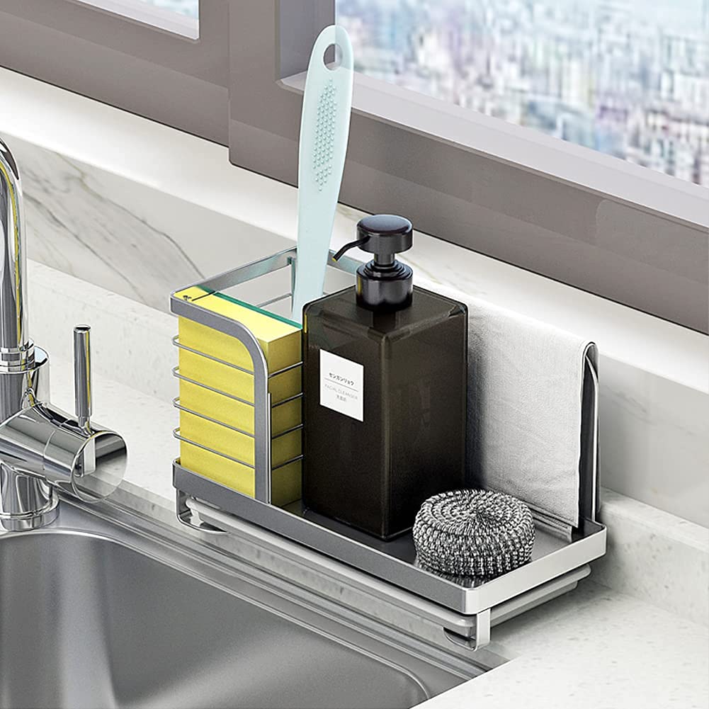 Countertop Dish Soap Holder, Kitchen Sink Caddy Organizer,Sponge Holder for Sink, Stainless Steel Sponge Soap Brush Holder with Drain Pan