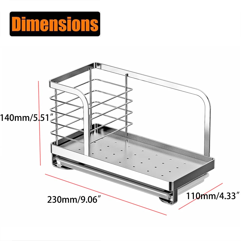 Countertop Dish Soap Holder, Kitchen Sink Caddy Organizer,Sponge Holder for Sink, Stainless Steel Sponge Soap Brush Holder with Drain Pan