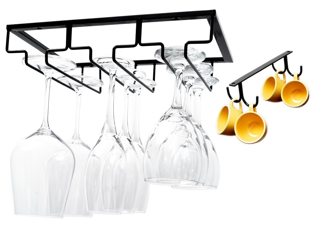 Set of 1 Wine Glass Holder and 1 Drying Mug Hook - Wine Glass Rack for Easy Storage and Organization - Stylish and Sturdy Wine Glass Rack Under Cabinet - Enjoy Your Wine Glass Hooks!