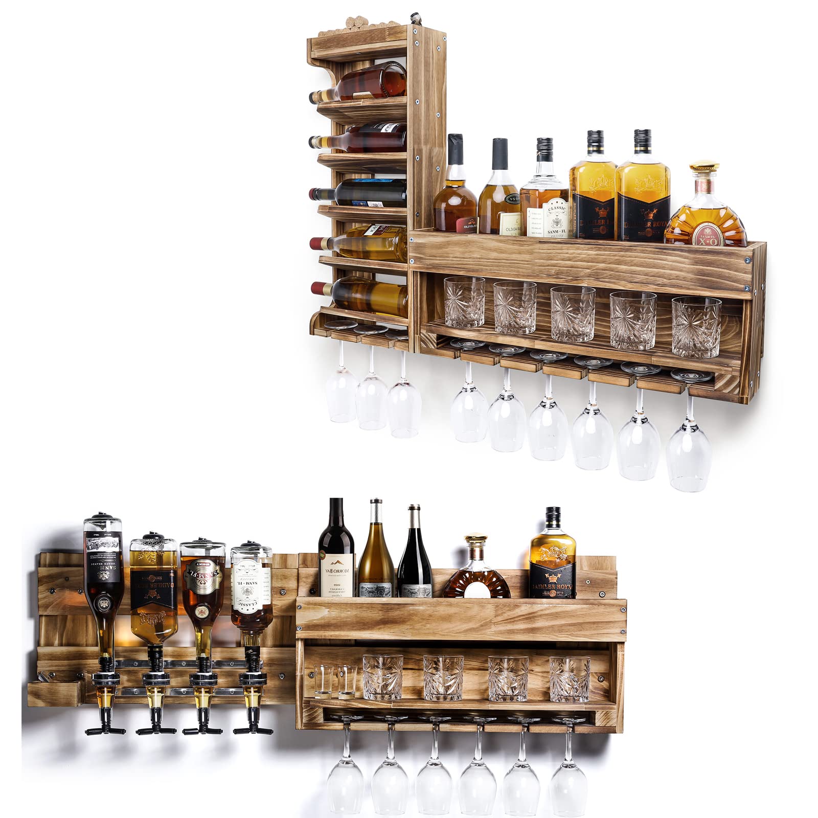 Homde Wine Rack Wall Mounted Wood Wine Shelf with Bottle Stemware Glass Holder Rustic Wine Display Storage Rack