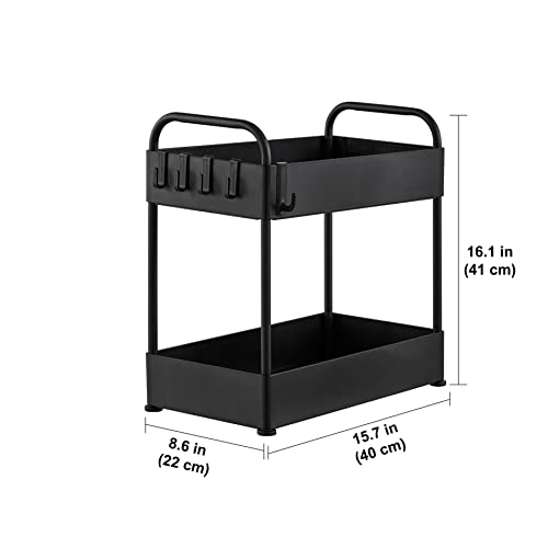 SPACEFIT Under Sink Organizers and Storage, 2 Tier Cabinet Shelf and Bathroom Organizer Rack with Handles, Hanging Cup, Hooks, Countertop Organizer for Kitchen Spices, Cleaning Supplies, Cosmetics