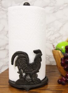 ebros 13.5" tall cast iron metal rustic vintage proud farm rooster chicken with scroll art design paper towel holder display dispenser stand counter top kitchen bathroom home decor aged bronze finish