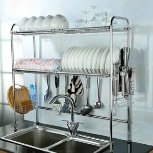 nex dish rack over the sink, 2 tier large dish drainer length adjustable, sliver