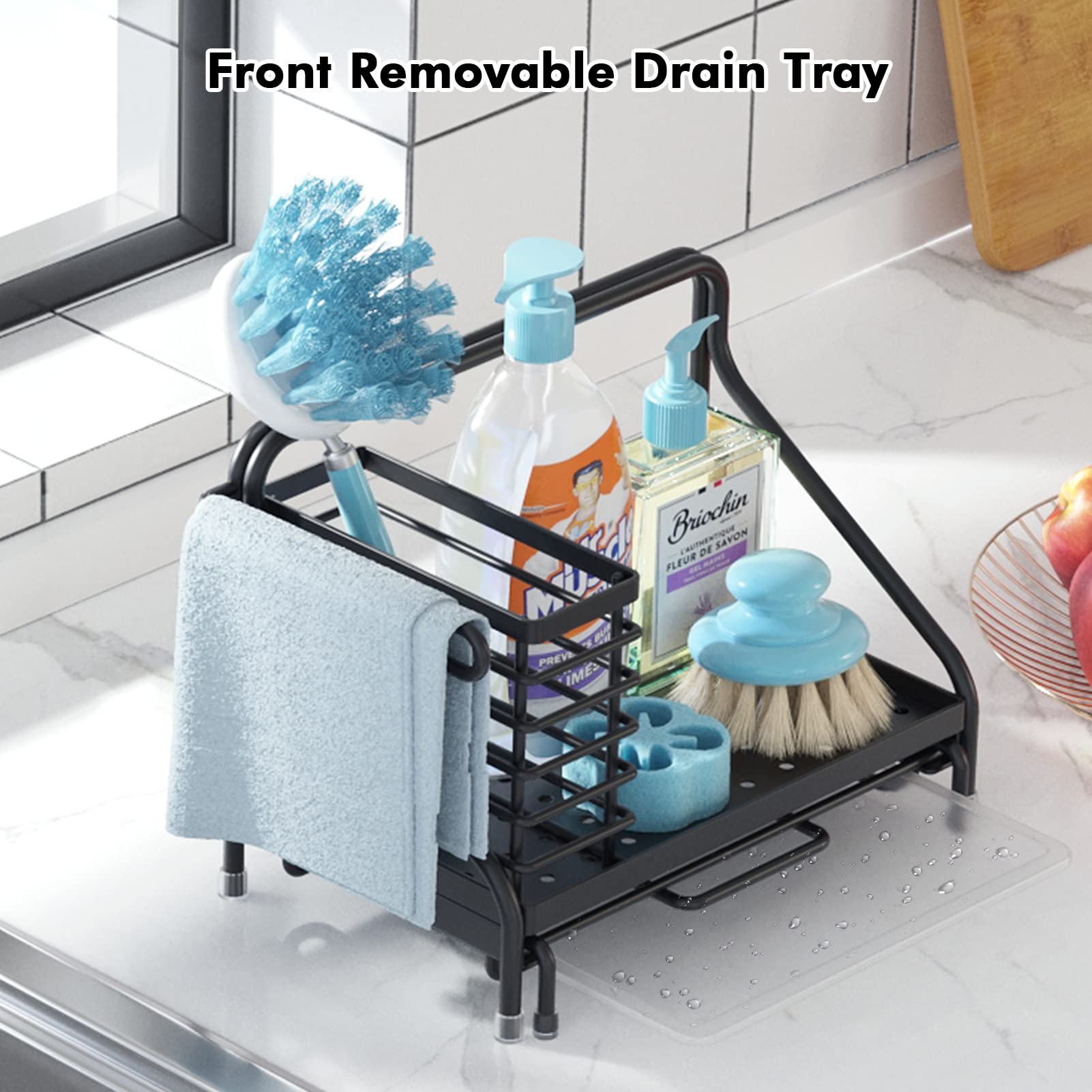 Livod Sink Caddy，Kitchen Sink Caddy Sponge Holder with Drain Tray, Stainless Steel Rustproof Dish Brush Caddy Kitchen Sink Organizer for Countertop，(Black)