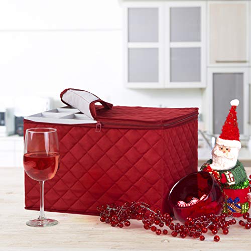 Richards Homewares China Storage Chest, for Stemware Upto 12-Glass, Quilted Canvas-Crimson