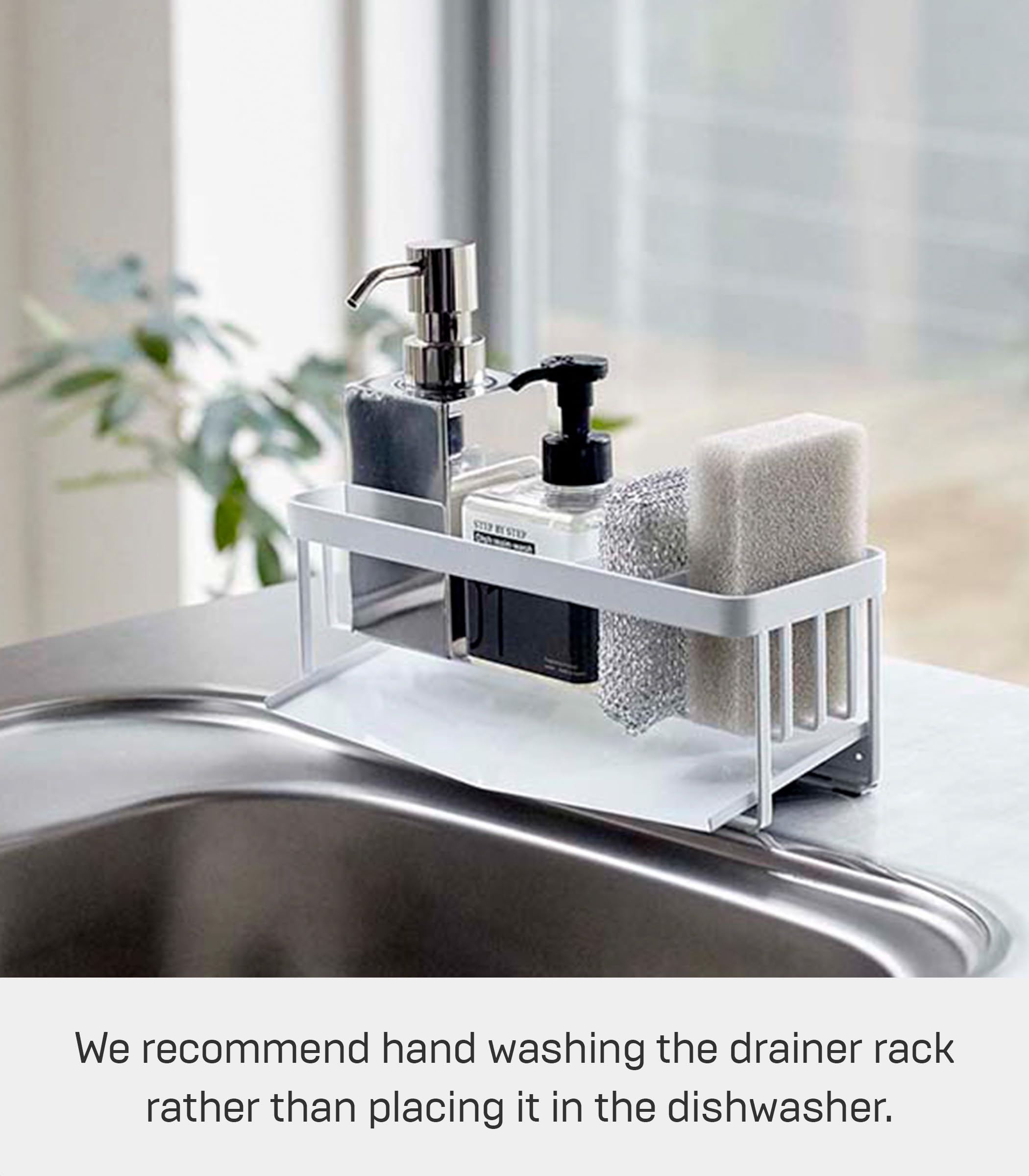 Yamazaki Home Tower Self-Draining Sponge And Soap Bottle Rack, Kitchen Sink Organizer Metal Holder With Removable Tray - Steel