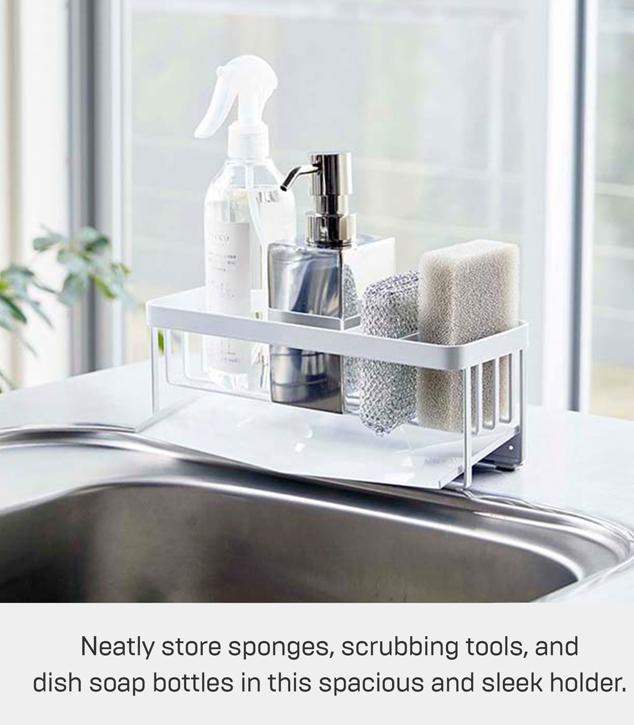 Yamazaki Home Tower Self-Draining Sponge And Soap Bottle Rack, Kitchen Sink Organizer Metal Holder With Removable Tray - Steel