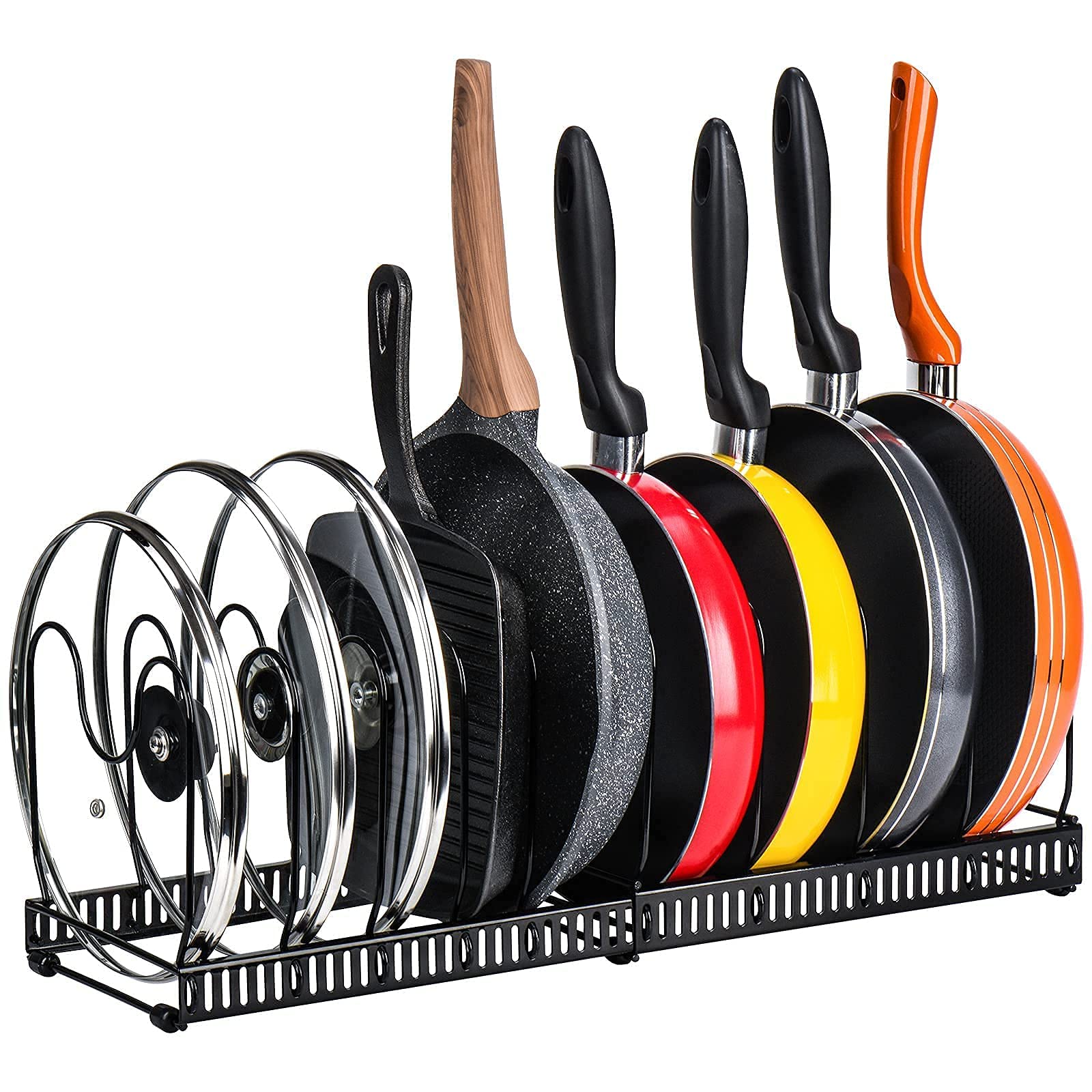 Toplife Adjustable 10+ Pans Organizer Rack + 7+ Lids Organizer Rack for Kitchen Cabinet, Black