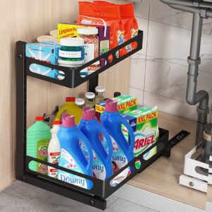 PZO Under Sink Organizer, Pull Out Cabinet Organizer 2-Tier Slide Out Sink Shelf Cabinet Storage Shelf, Multi-Use for Under Kitchen Bathroom Sink Organizers and Storage (Black)