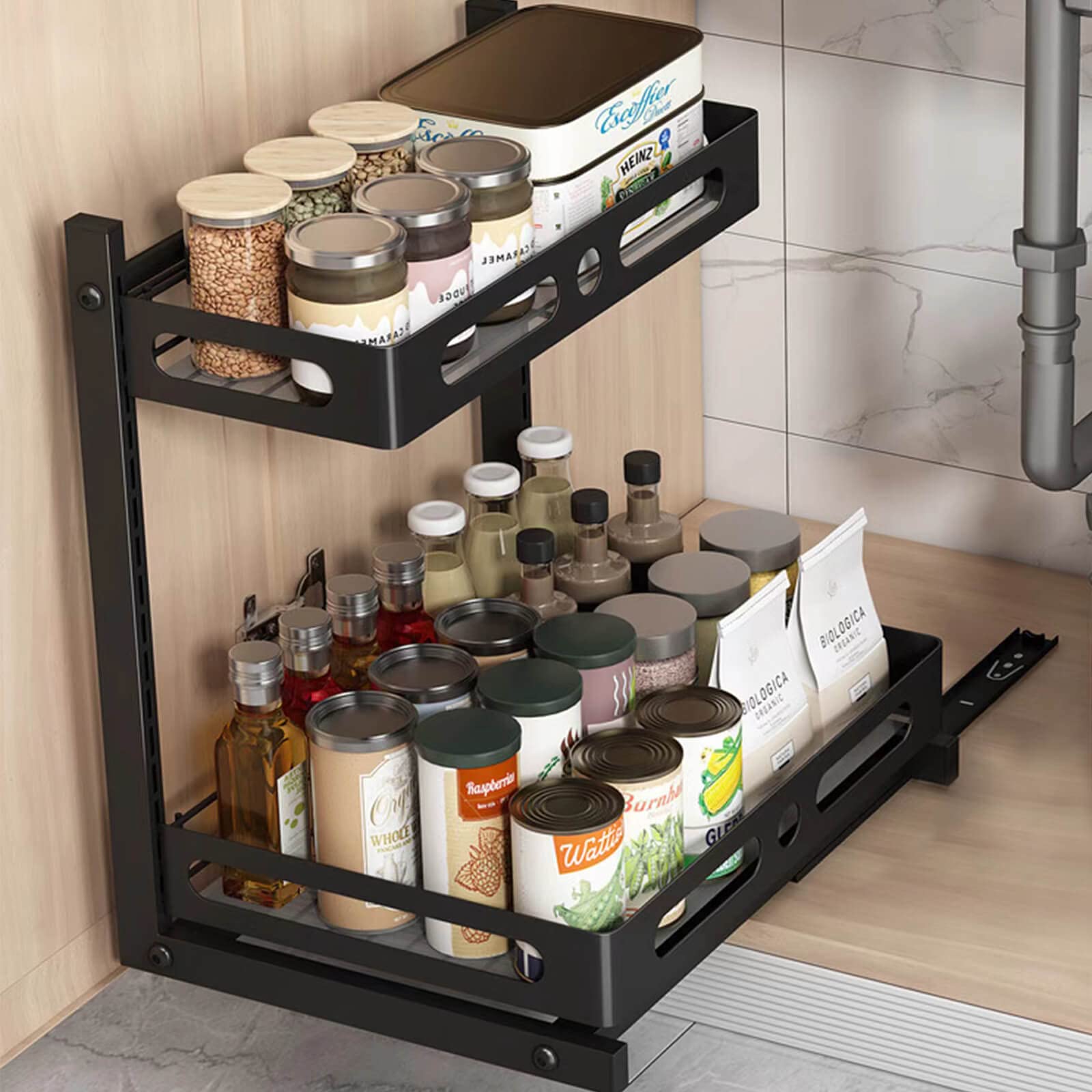 PZO Under Sink Organizer, Pull Out Cabinet Organizer 2-Tier Slide Out Sink Shelf Cabinet Storage Shelf, Multi-Use for Under Kitchen Bathroom Sink Organizers and Storage (Black)