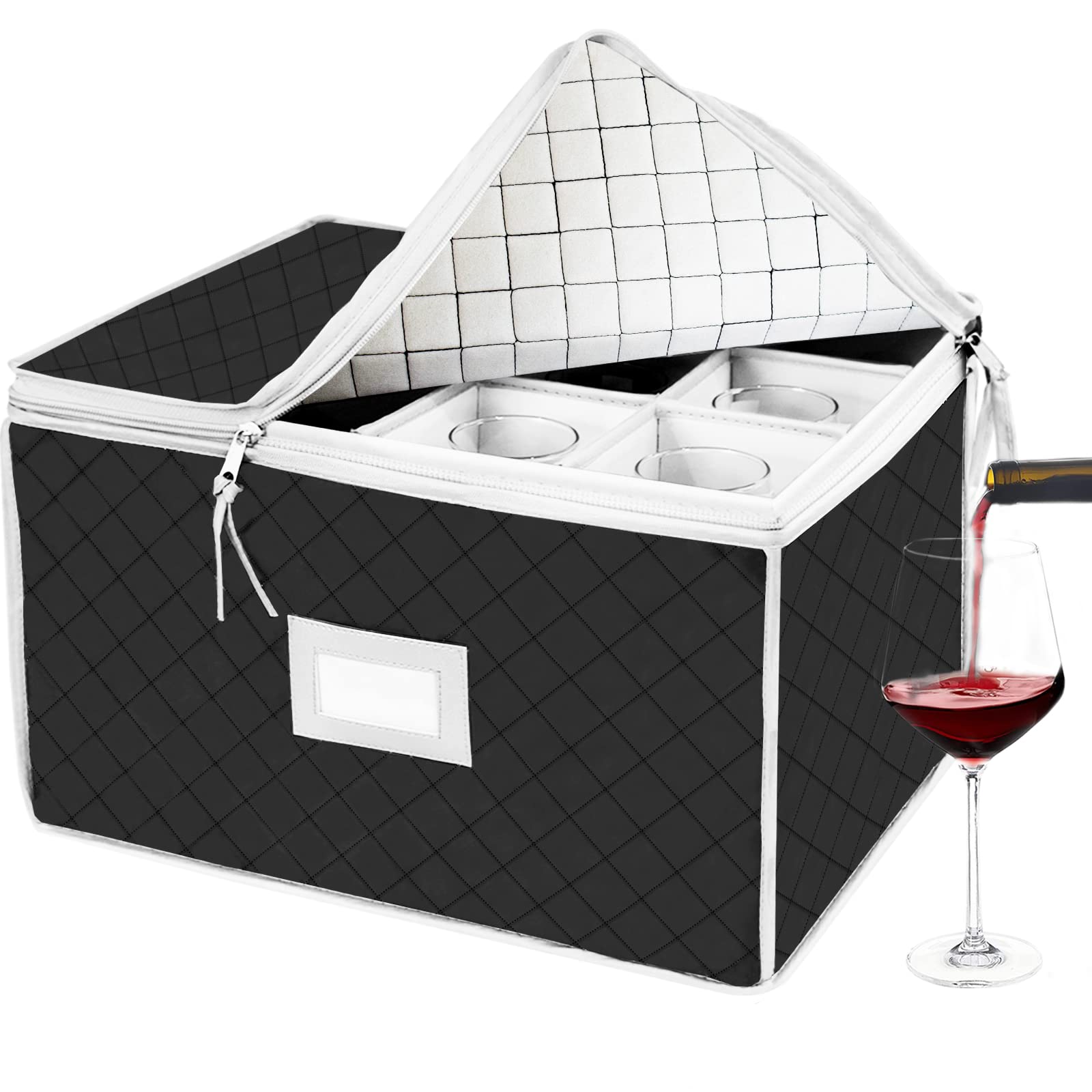 Xmasorme Wine Glass Storage Boxes with Dividers, China Storage Containers Chest,Holds 12 Wine Glass or Crystal Glassware with Dividers and Label Window for Moving,Picnic(Black)