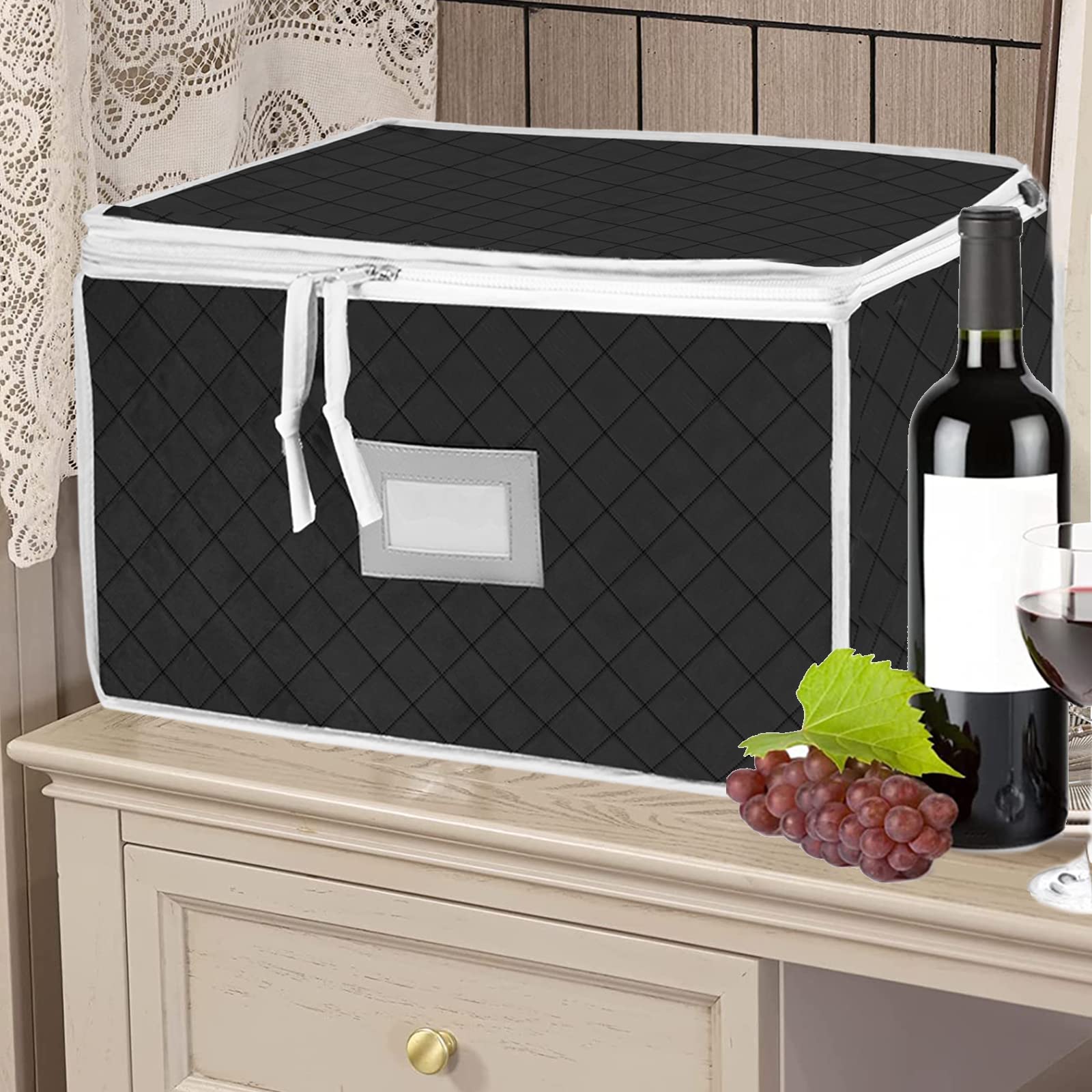 Xmasorme Wine Glass Storage Boxes with Dividers, China Storage Containers Chest,Holds 12 Wine Glass or Crystal Glassware with Dividers and Label Window for Moving,Picnic(Black)