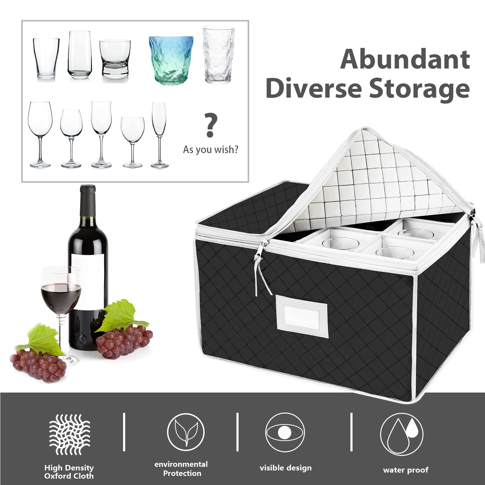 Xmasorme Wine Glass Storage Boxes with Dividers, China Storage Containers Chest,Holds 12 Wine Glass or Crystal Glassware with Dividers and Label Window for Moving,Picnic(Black)