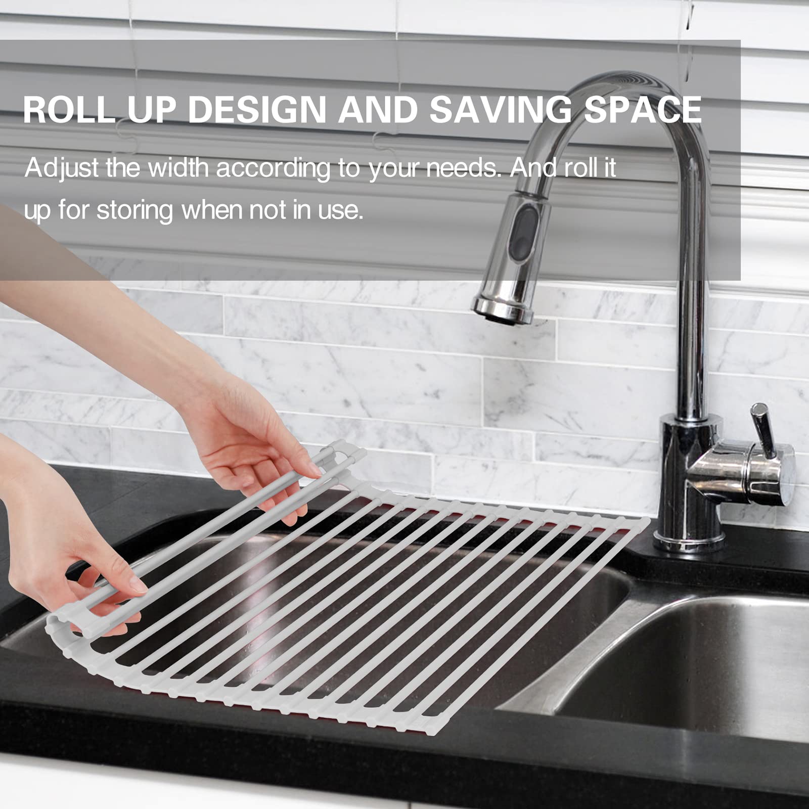 PINPON Dish Drying Kitchen Sink Rack, 17.5'' L x 13'' W Large Roll Up Drain Mat Silicone Drainer Over The Sink Anti-Slip Multi-Purpose Strainers for Kitchen Counter Sink Cups Fruits Vegetables (Grey)