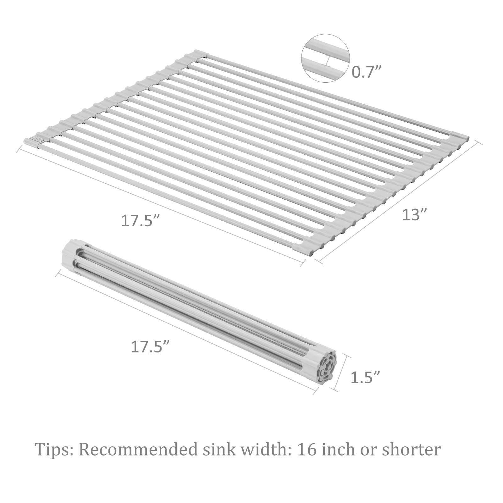 PINPON Dish Drying Kitchen Sink Rack, 17.5'' L x 13'' W Large Roll Up Drain Mat Silicone Drainer Over The Sink Anti-Slip Multi-Purpose Strainers for Kitchen Counter Sink Cups Fruits Vegetables (Grey)