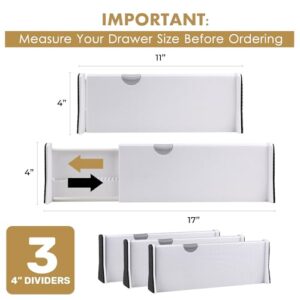 RAPTUROUS Adjustable Drawer Dividers 3 Pack, 4” High, 11-17” Long, Dresser Drawer Divider for Bedroom, Closet, Kitchen, Nursery Organization, Office, Strong & Sturdy Hold, Soft Foam Edges（White）