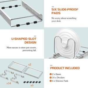 Housolution Pot and Pan Organizer Rack for Cabinet, Stainless Steel Expandable Pot Lid Organizer with 14 Adjustable Dividers, Pot and Pan Holder Rack Storage Organizer for Kitchen, Silver