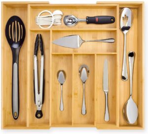 dynamic gear premium bamboo drawer organizer, silverware organizer, 100% pure bamboo, adjustable utensil organizer, kitchen drawer organizer, silverware tray for drawer (6-8 slots)