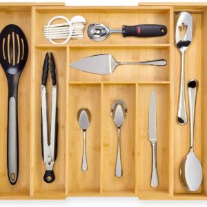 Dynamic Gear Premium Bamboo Drawer Organizer, Silverware Organizer, 100% Pure Bamboo, Adjustable Utensil Organizer, Kitchen Drawer Organizer, Silverware Tray for Drawer (6-8 slots)