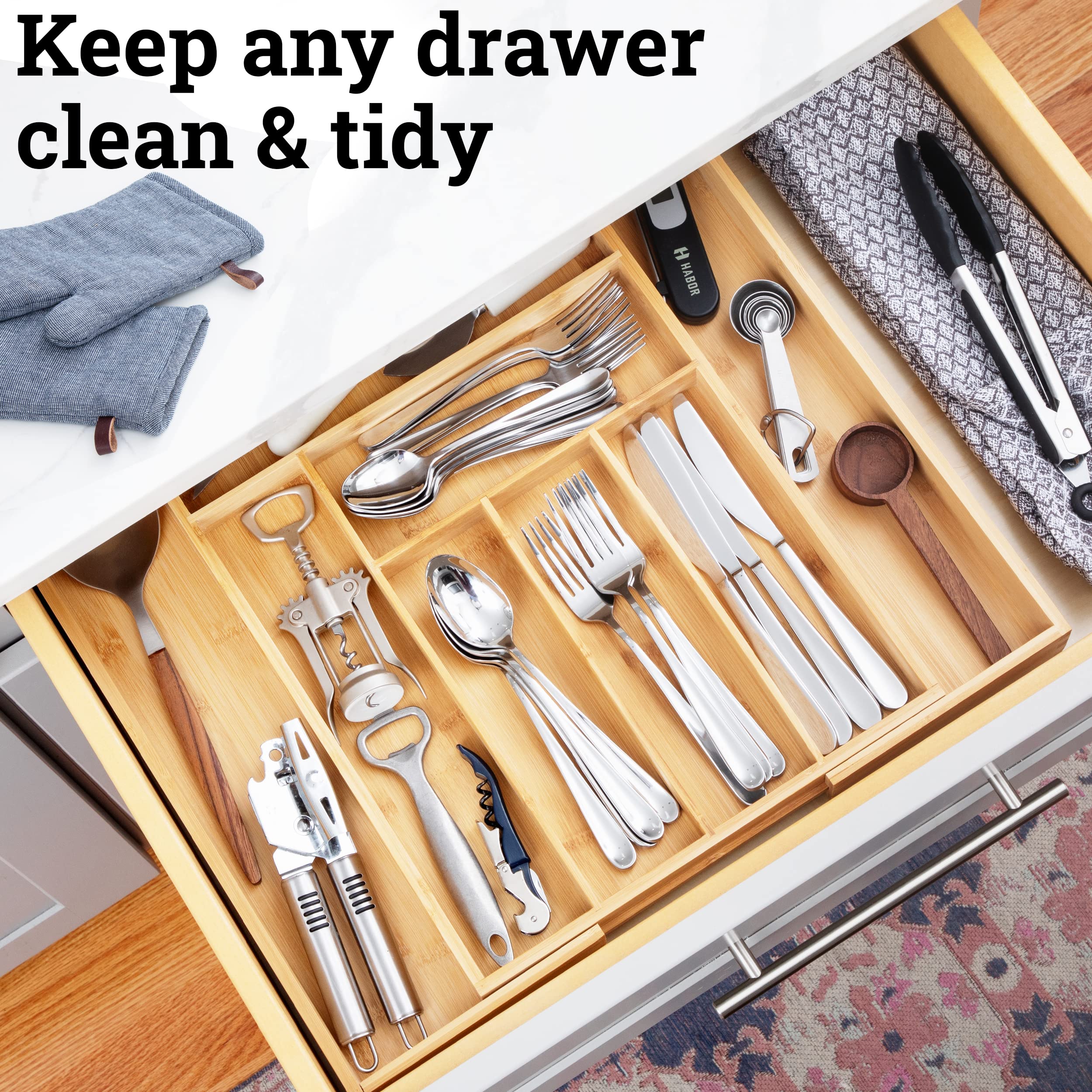 Dynamic Gear Premium Bamboo Drawer Organizer, Silverware Organizer, 100% Pure Bamboo, Adjustable Utensil Organizer, Kitchen Drawer Organizer, Silverware Tray for Drawer (6-8 slots)