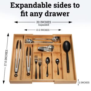 Dynamic Gear Premium Bamboo Drawer Organizer, Silverware Organizer, 100% Pure Bamboo, Adjustable Utensil Organizer, Kitchen Drawer Organizer, Silverware Tray for Drawer (6-8 slots)