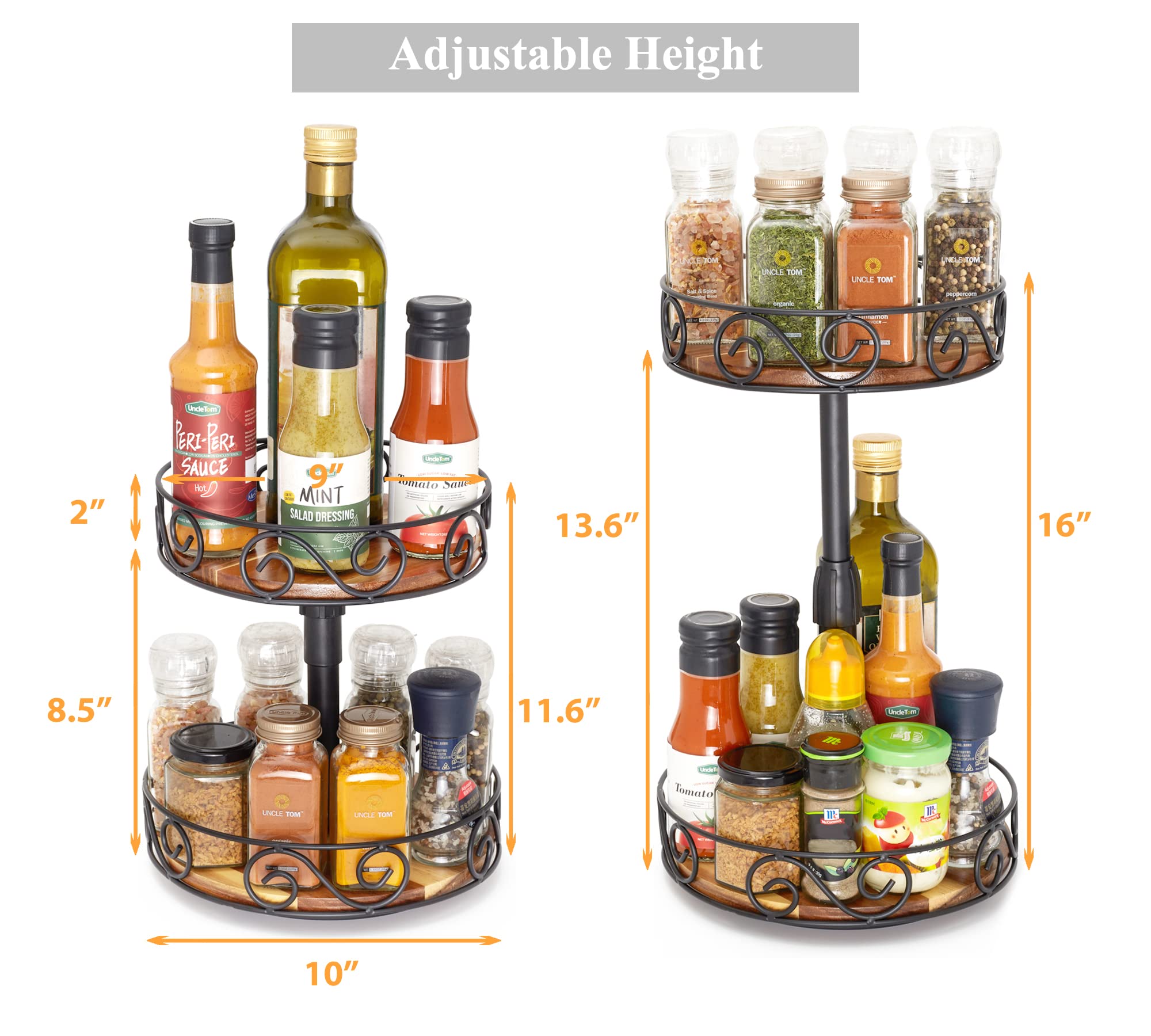 Y&M 2 Tier Lazy Susan, 9” & 10” Acacia Wood Lazy Susan Turntable Organizer, Height Adjustable Spice Rack with Steel Sides, Spice Jars Organization for Cabinet, Pantry, Kitchen, Bathroom, Countertop