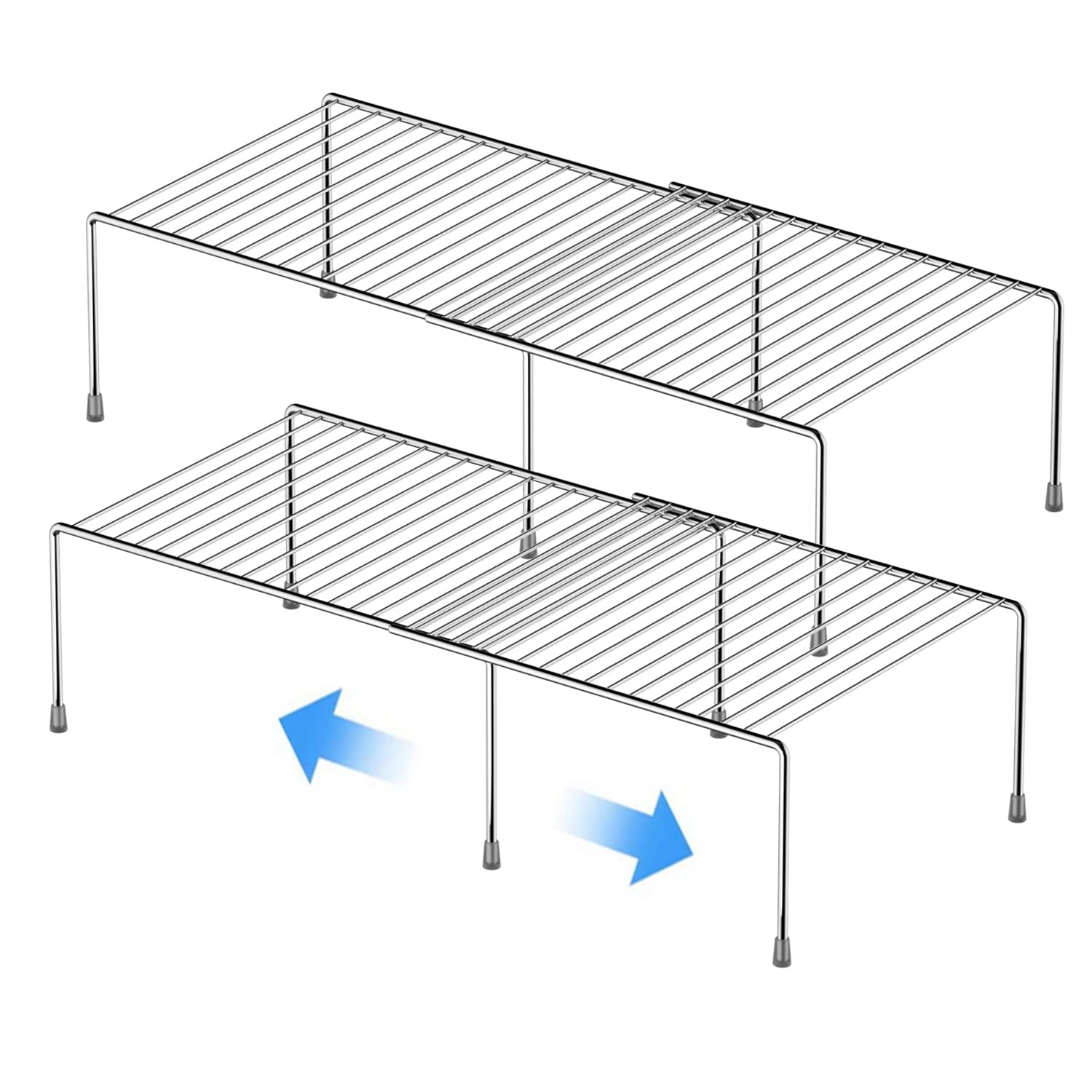 GEDLIRE Kitchen Cabinet Expandable Shelf Organizers Set of 2, Adjustable Metal Wire Pantry Storage Shelves, Plate Dish Organizer Rack for Cabinets, Cupboard, Counter, Freezer, Countertop, Chrome