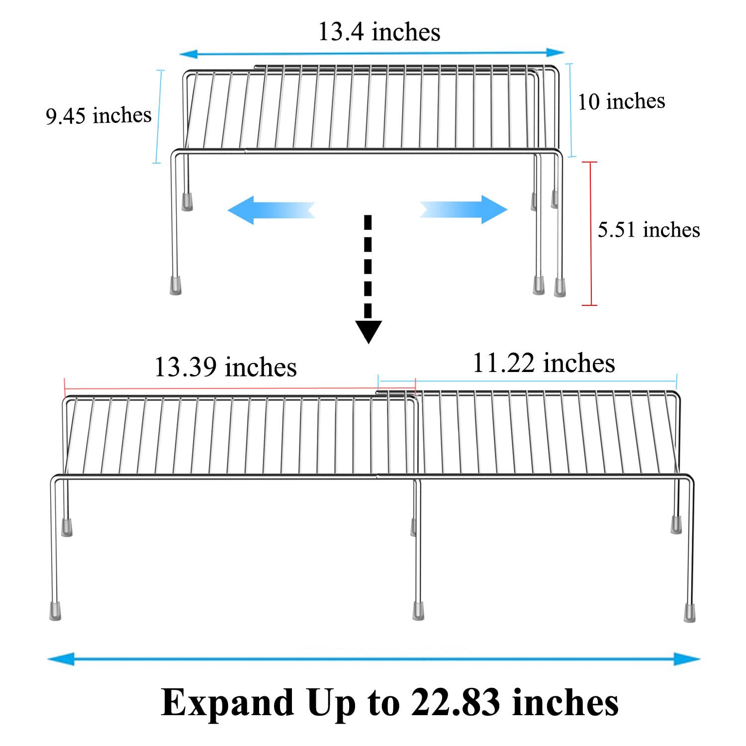 GEDLIRE Kitchen Cabinet Expandable Shelf Organizers Set of 2, Adjustable Metal Wire Pantry Storage Shelves, Plate Dish Organizer Rack for Cabinets, Cupboard, Counter, Freezer, Countertop, Chrome