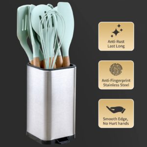 BIARTS Kitchen Utensil Holder for Countertop Stainless Steel with Drip Tray Utensil Crock Utensil Caddy for Counter Metal Modern Flatware Organizer for Silverware 4" L x 4.4" W x 7.3" H, Silver