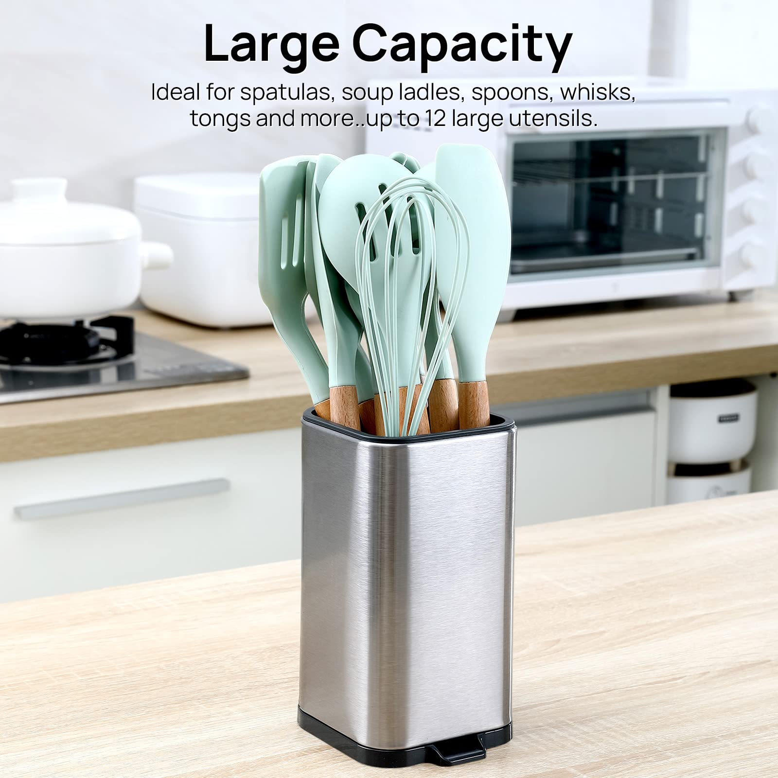 BIARTS Kitchen Utensil Holder for Countertop Stainless Steel with Drip Tray Utensil Crock Utensil Caddy for Counter Metal Modern Flatware Organizer for Silverware 4" L x 4.4" W x 7.3" H, Silver