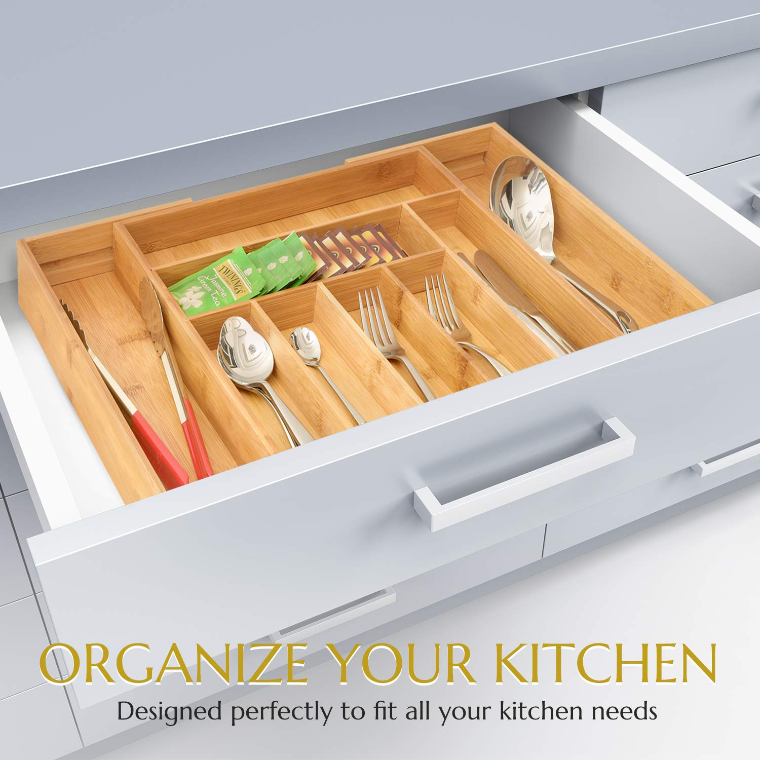 Signature Living Bamboo Expandable Utensil Drawer Organizer, Premium Bamboo for Cutlery, Flatware, Silverware - Drawer Dividers for Easy Storage