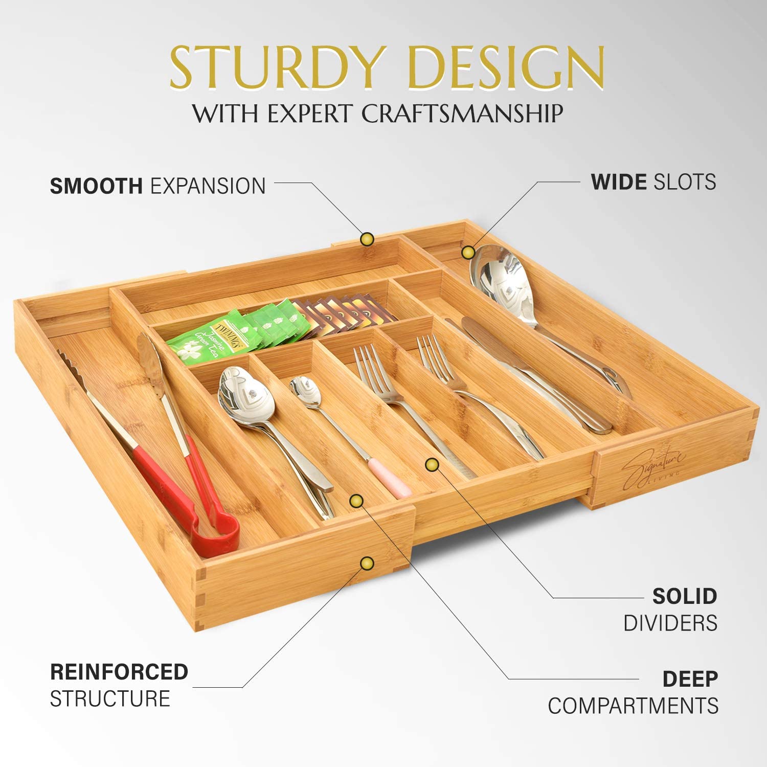 Signature Living Bamboo Expandable Utensil Drawer Organizer, Premium Bamboo for Cutlery, Flatware, Silverware - Drawer Dividers for Easy Storage