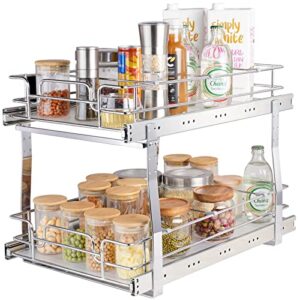 vevor 2 tier 13"w x 21"d pull out cabinet organizer, heavy duty slide out pantry shelves, chrome-plated steel roll out drawers, sliding drawer storage for inside kitchen cabinet, bathroom, under sink