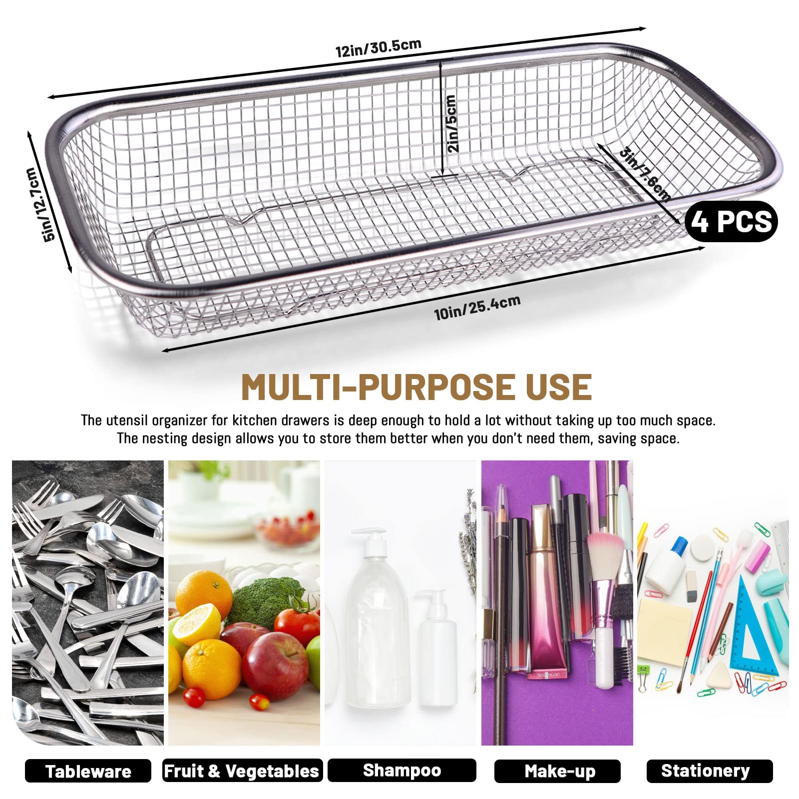 LELE LIFE 4Pcs Silverware Organizer Utensil Organizer, 18/8 Stainless Steel Mesh Kitchen Drawer Organizer, Raised Bottom Flatware Cutlery Organizer in Drawer, Silverware Tray Holder