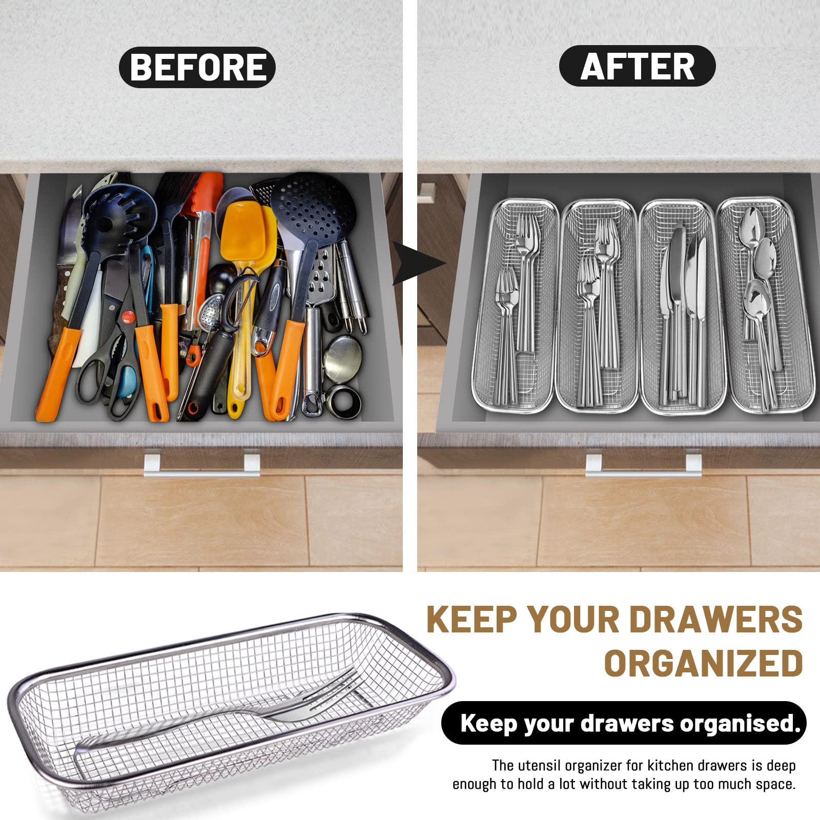 LELE LIFE 4Pcs Silverware Organizer Utensil Organizer, 18/8 Stainless Steel Mesh Kitchen Drawer Organizer, Raised Bottom Flatware Cutlery Organizer in Drawer, Silverware Tray Holder