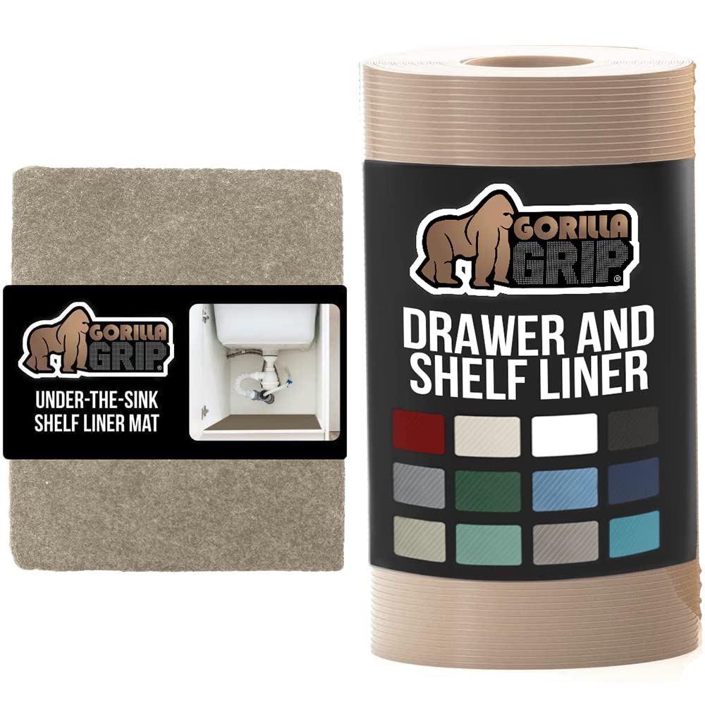 Gorilla Grip Under Sink Mat and Drawer Liner, Under Sink Mat Size 24x30, Absorbent Mat for Below Sinks, Drawer Liner Size 17.5x20 in, Strong Grip Liners for Drawers, Both in Beige, 2 Item Bundle