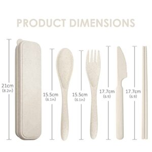 Teivio Reusable Portable Travel Utensils Silverware Forks Spoons Knives & Chopsticks, Set of 3 for Camping Wheat Straw Plastic with Storage Case (Beige/Blue/Green)