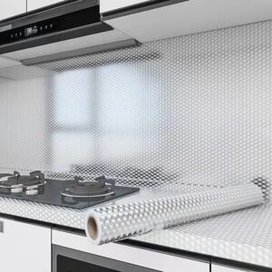 Kitchen Waterproof Oil Proof Aluminum Foil Sticker, Chequer Peel and Stick Wallpaper Removable and Self Adhesive Paper for Kitchen Countertops Desk Cabinet (15.7"x197", Silver Chequer)