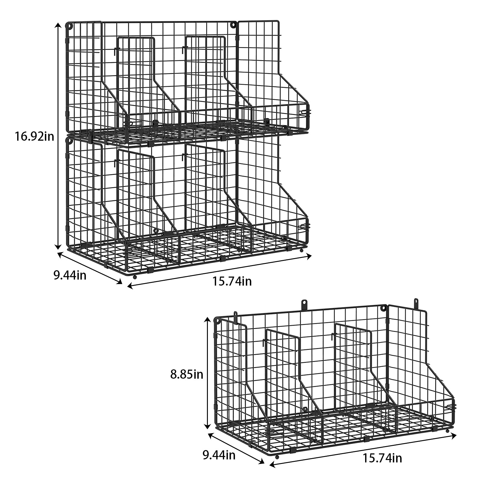 2 Pack-Stackable Can Rack Organizer for Pantry Storage, Can Dispensers with 4 Adjustable Dividers, 2-Tier Metal Wire Basket Beverage Pop Soda Rack for Kitchen Cabinet Pantry, White, Black