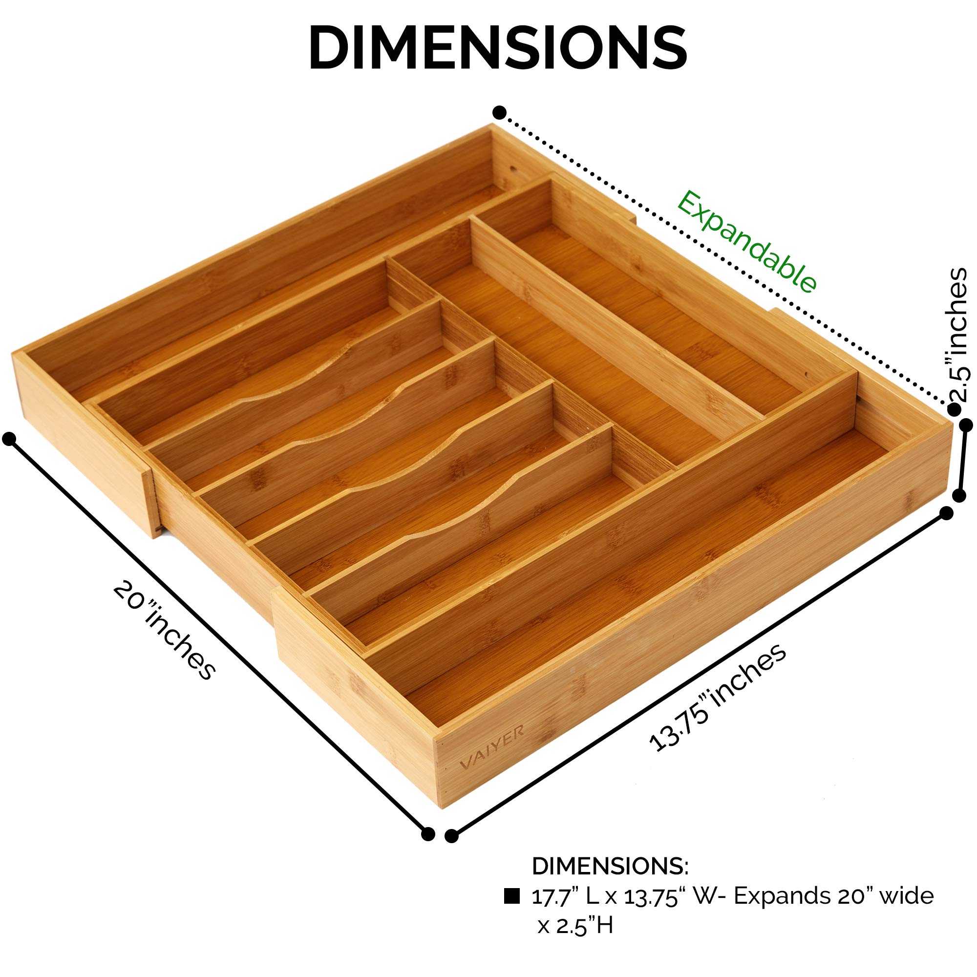 Vaiyer Bamboo Expandable Drawer Organizer for Utensils Holder Expands up to 20 inches wide, Adjustable Cutlery Tray, Wood Drawer Dividers Organizer for Flatware, Silverware, Knives in Kitchen