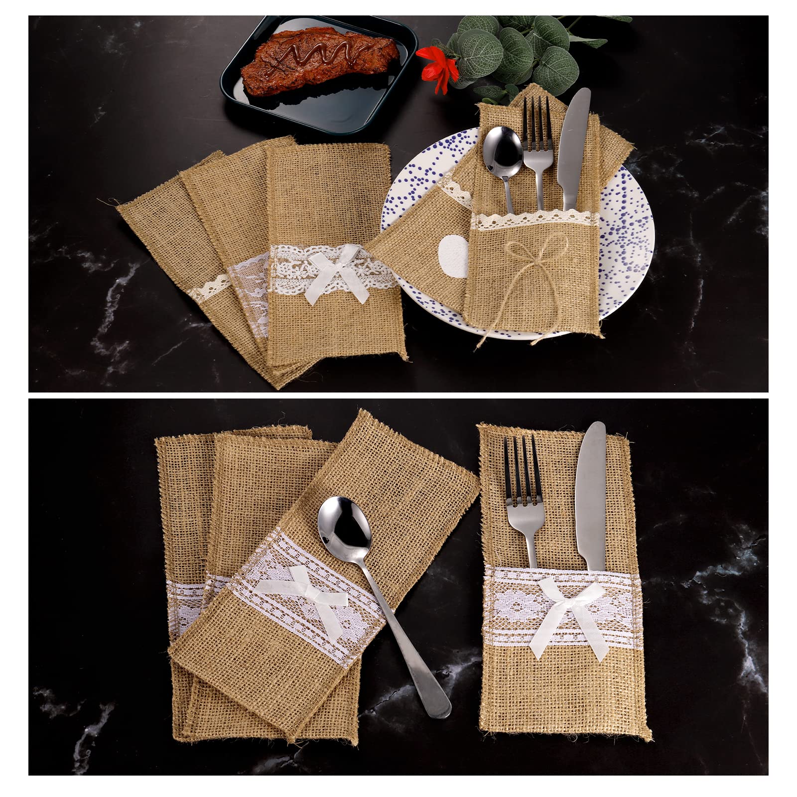 uxcell Burlap Lace Utensil Holders, 20Pcs Knife Forks Napkin Silverware Holder Bag Cutlery Pouch for Wedding Dinner Decoration