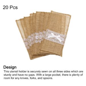 uxcell Burlap Lace Utensil Holders, 20Pcs Knife Forks Napkin Silverware Holder Bag Cutlery Pouch for Wedding Dinner Decoration