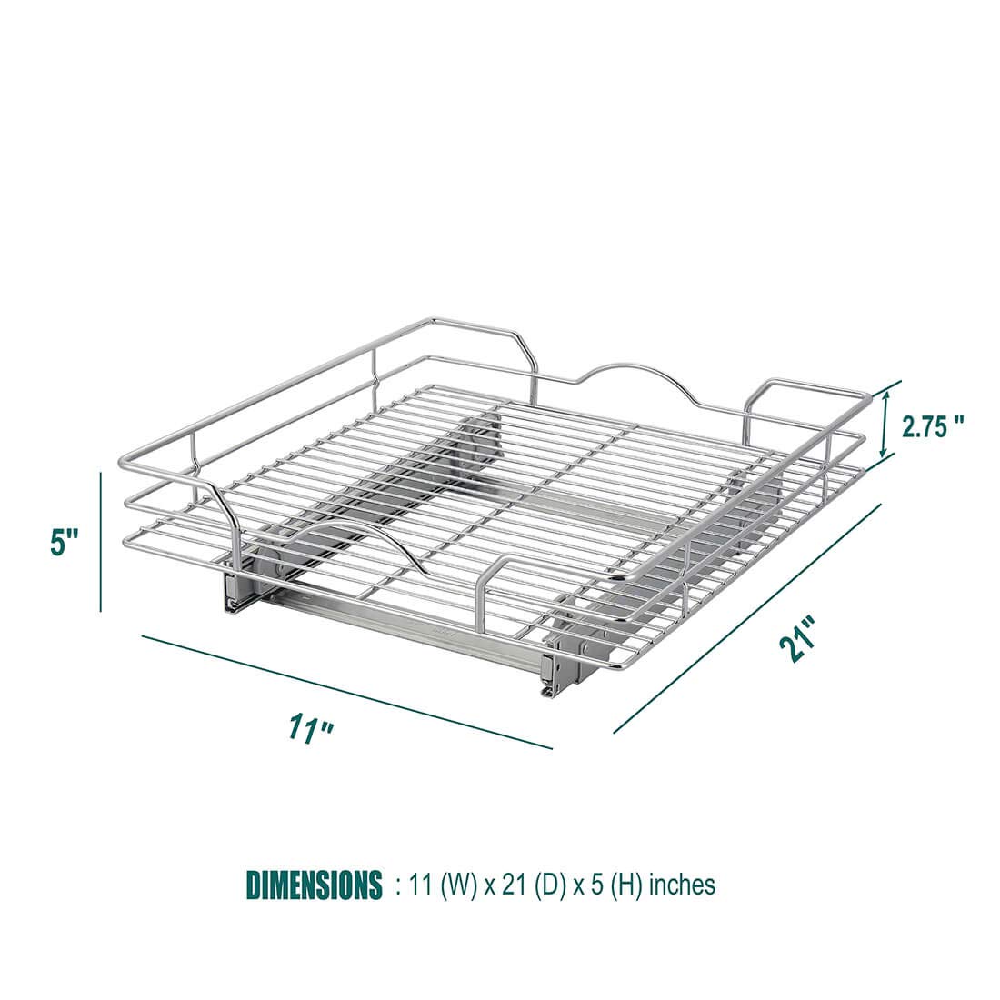 Pull Out Cabinet Organizer（11" W x 21" D x 5" H, 1 Tier Heavy Duty Slide Out Kitchen Cabinet Shelves, Sliding Drawer for Cabinet, Wire Frame, Chrome Finish