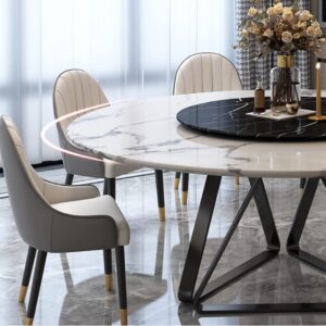 LAKIQ Marble Round Dining Table with Lazy Susan Modern Round Pedestal Dining Table Nordic Kitchen Dining Room Table with 3 Legs for Small Space-Table Only (White Lazy Susan,59.1"L x 59.1"W x 29.5"H)