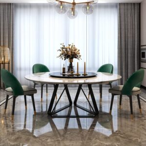 LAKIQ Marble Round Dining Table with Lazy Susan Modern Round Pedestal Dining Table Nordic Kitchen Dining Room Table with 3 Legs for Small Space-Table Only (White Lazy Susan,59.1"L x 59.1"W x 29.5"H)