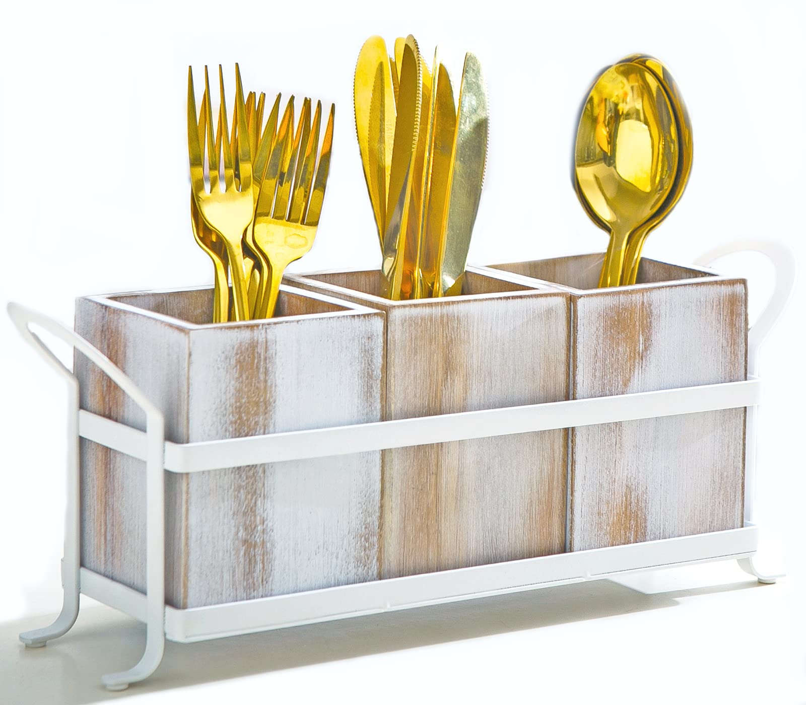 NelyBet Silverware Caddy Utensil Organizer for Countertop, Flatware Caddy with Metal Rack, Wooden Utensil Cutlery Holder with 3 Compartment for Kitchen Decor and Party -White